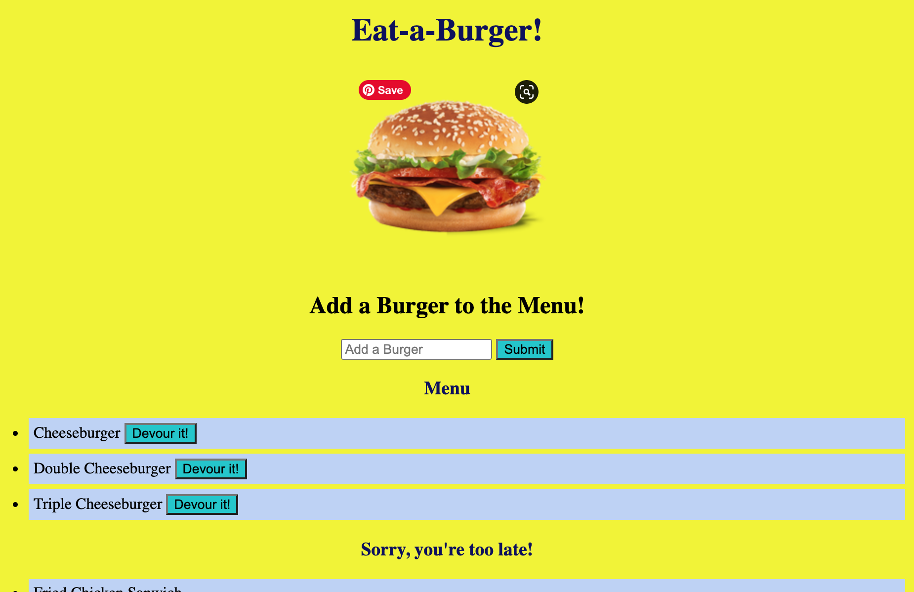 Burger An App That Generates Menu Items And Then Allows The User To Display Them As Available